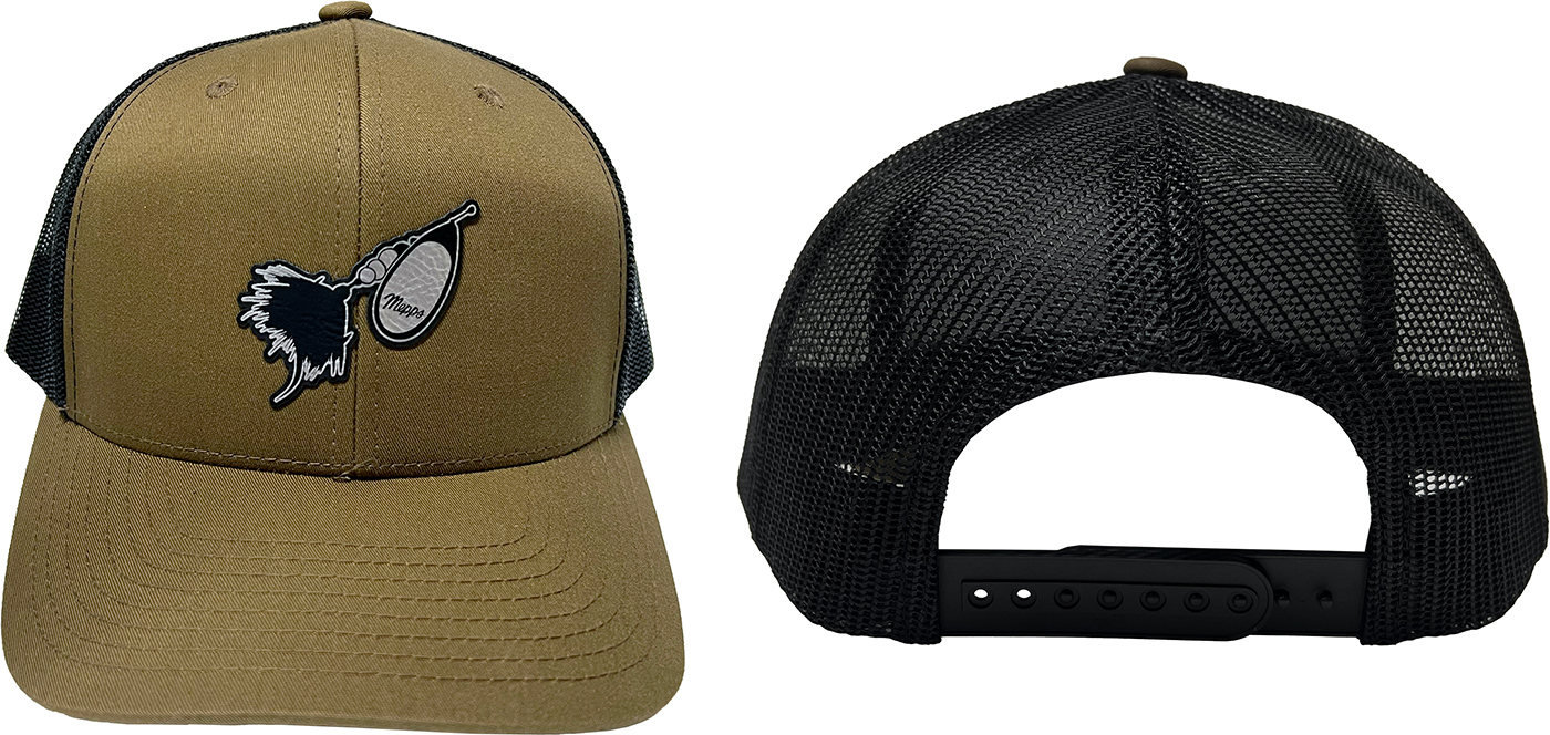 Coyote Brown/Black Mesh Mepps Cap with a laser engraved patch - Order Today