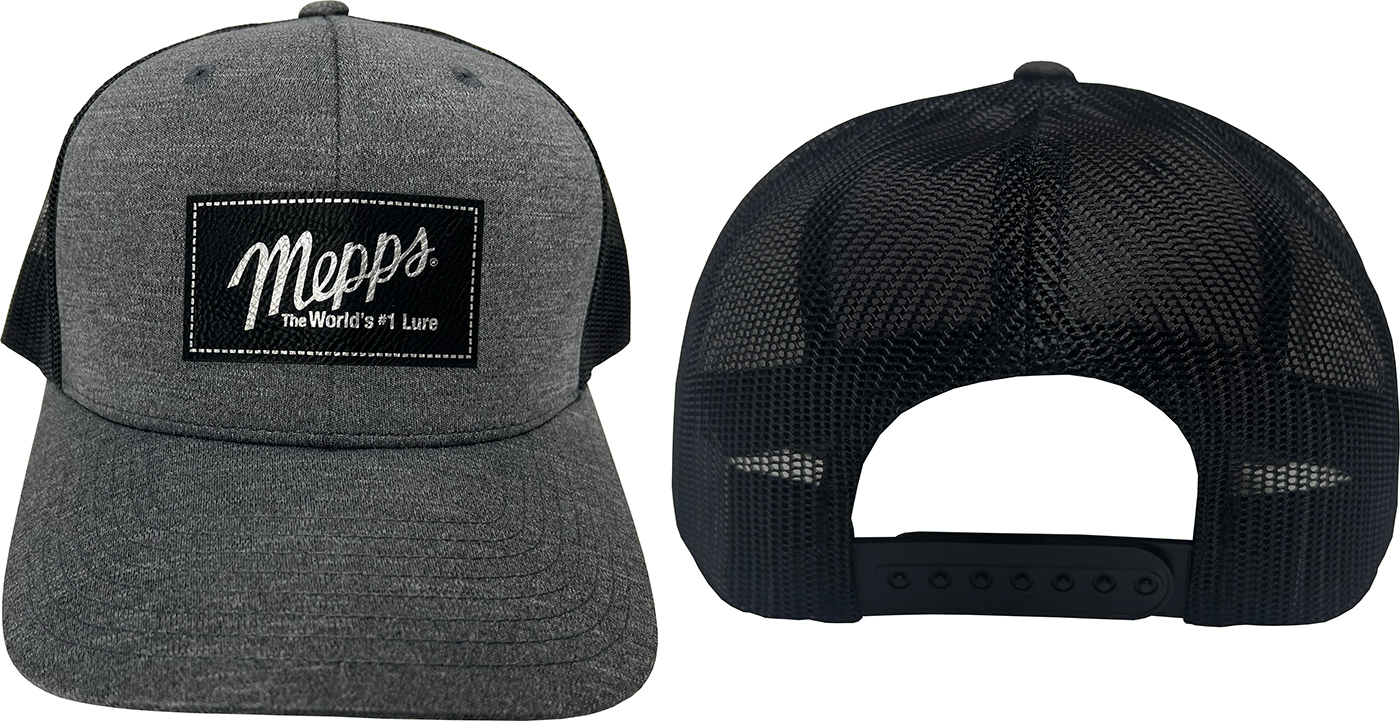 Heather Gray/Black Mepps Cap with a laser engraved patch - Order Today